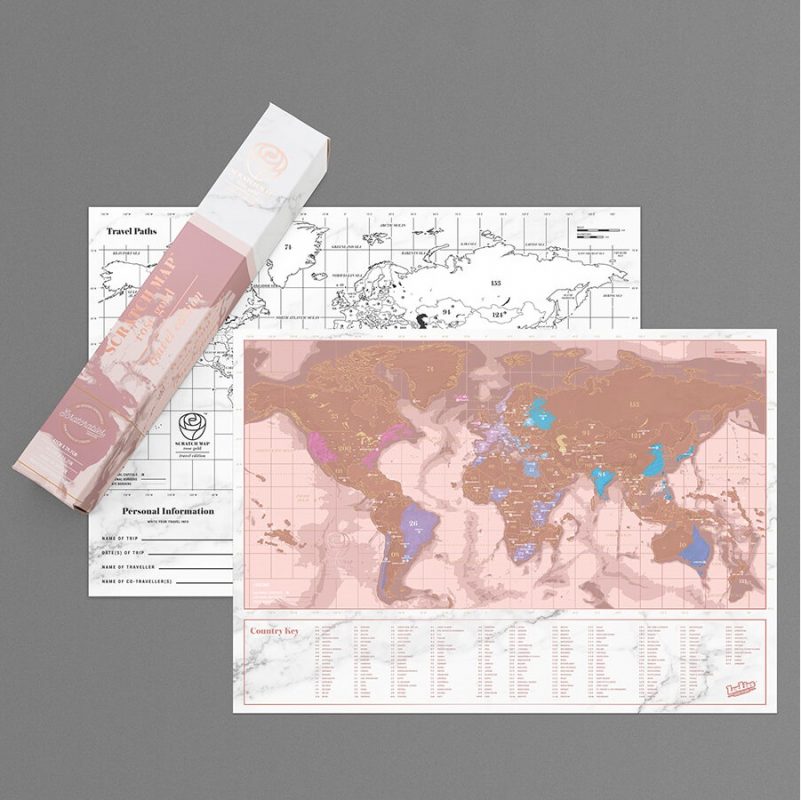 Scratch Map Rose Gold Travel - Flot rosaguld scratch map til rejsen